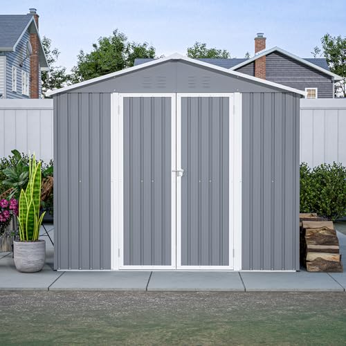 Ball & Cast 8x12 FT Storage Shed with Lockable Doors,All Weather Outdoor Metal Tool House W/Floor Frame and 2 Vents,for Backyard,Patio,Lawn,Garden,Grey