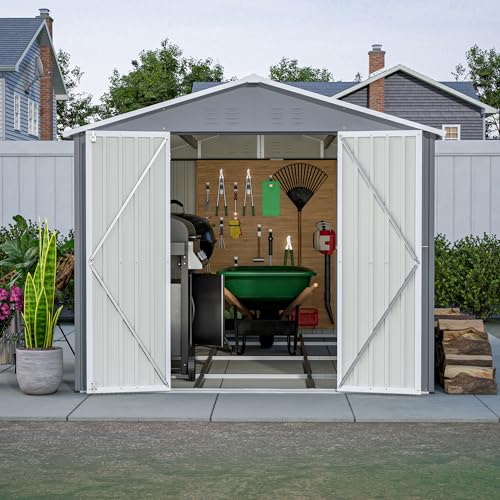 Ball & Cast 8x12 FT Storage Shed with Lockable Doors,All Weather Outdoor Metal Tool House W/Floor Frame and 2 Vents,for Backyard,Patio,Lawn,Garden,Grey