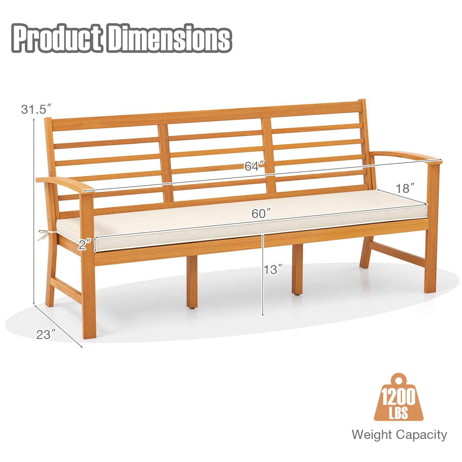 Giantex Acacia Wood Outdoor Bench, 3-Seat Patio Bench with Removable Cushion, Slatted Seat & Backrest, 1200 Lbs Capacity, 64 Inches Extra Long Park Bench for Backyard, Porch, Balcony, Garden Bench