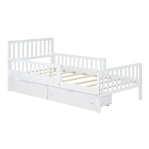 softsea cute twin platform bed frame for boys girls with guardrail and storage wood bed frame with drawers for storage, wood slats and no box spring needed, white