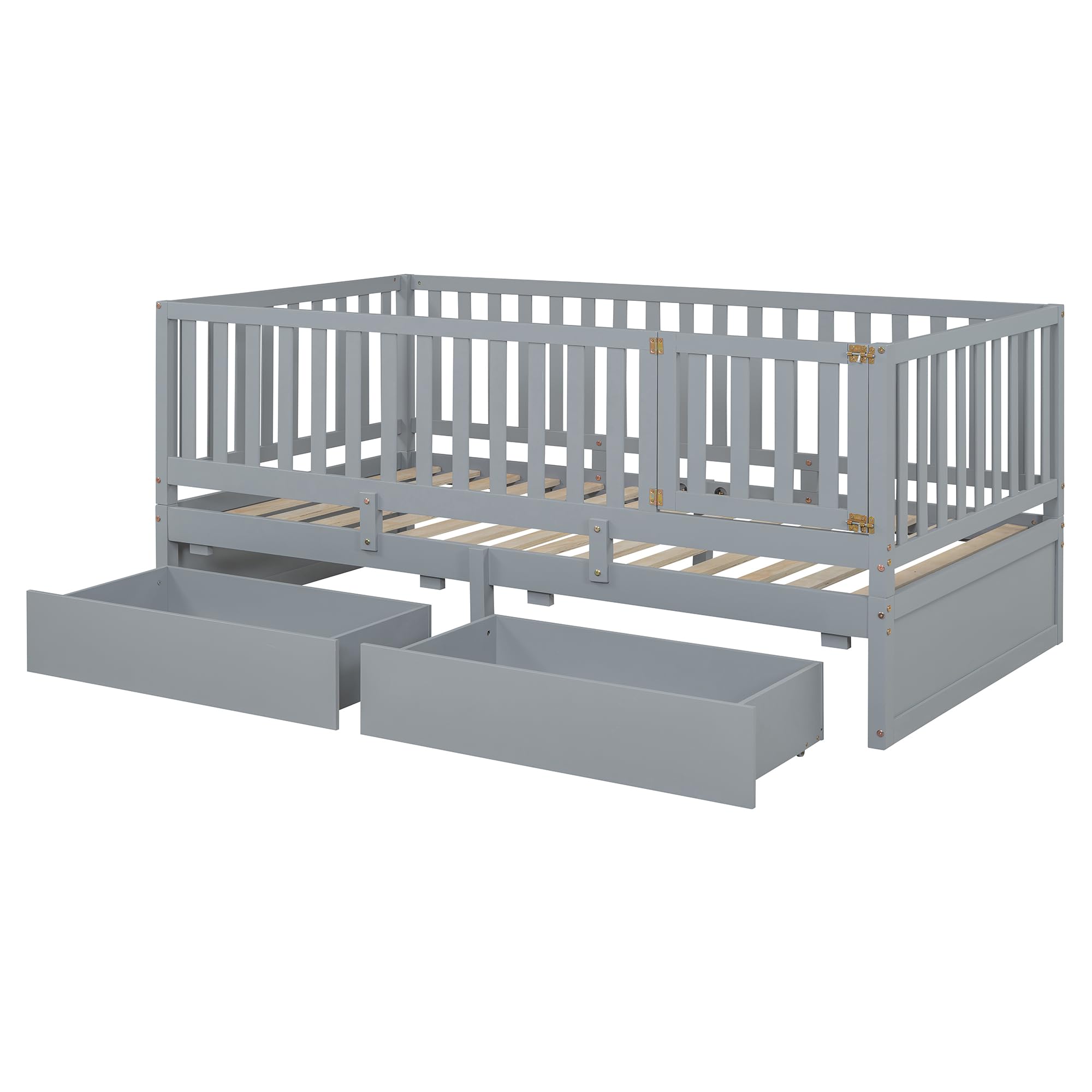 SOFTSEA Wood Daybed Twin Size with Fence Guardrail and Storage Drawers, Split Into Independent Floor Bed and Daybed for Boys Girls, Kids Platofrm Daybed Frame, Gray