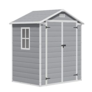 greesum outdoor storage shed 6x4ft all-weather resin tool room with floor for garden,backyard,pool tool, light grey