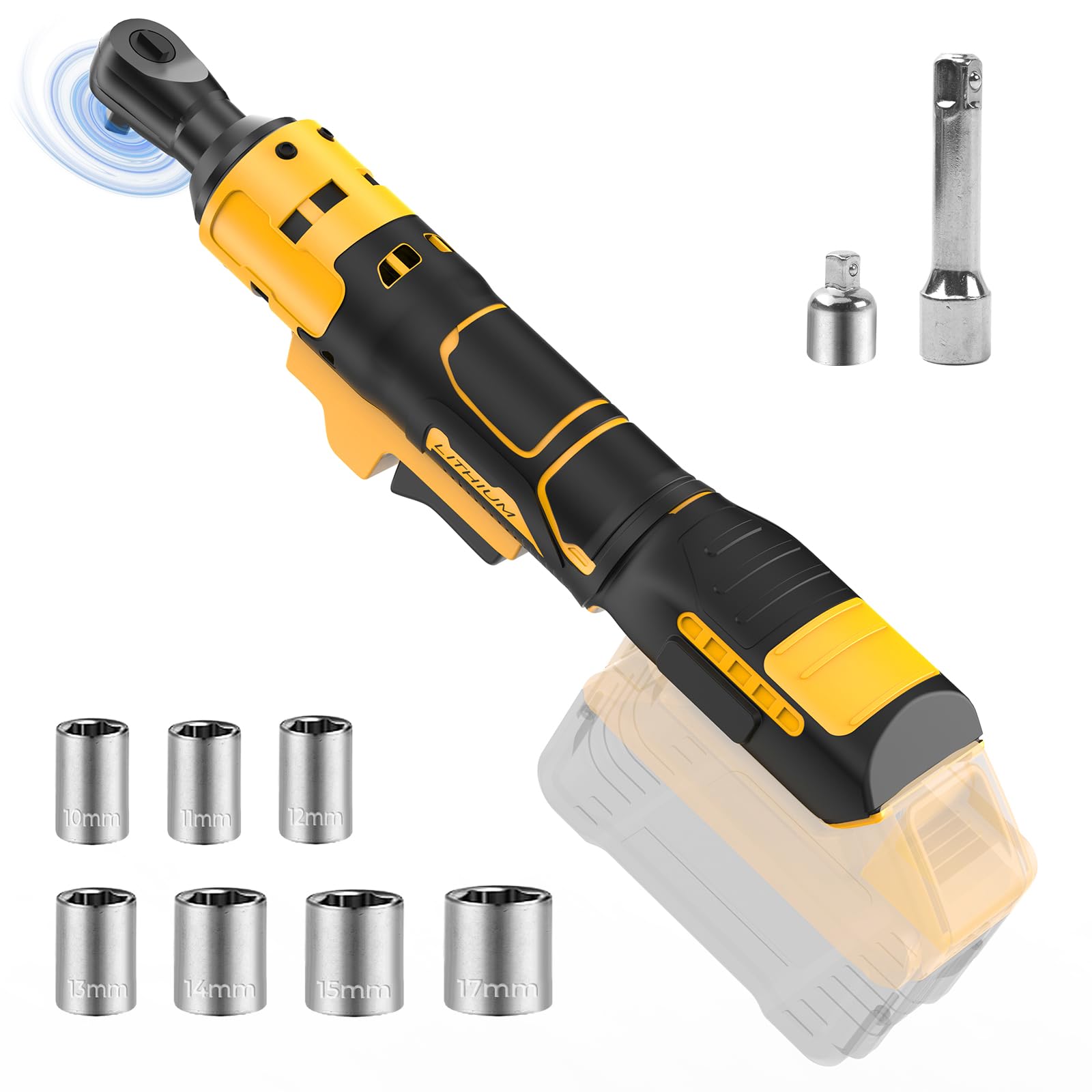 3/8" Cordless Ratchet Wrench Compatible with Dewalt 20V Battery(No Battery) Power Ratchet Wrench Tool Kit,7CS Sockets,Extension Bar,1/4" Adaptor,Variable Speed Trigger