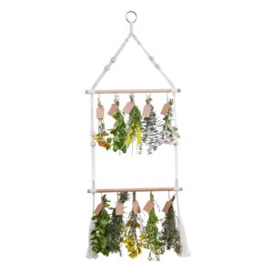 sweetbiuti herb drying rack 2tier wood and cotton safe hand-woven herb drying rack hanging adjustable flower drying rack with detachable hooks for herb dryer wall decor.