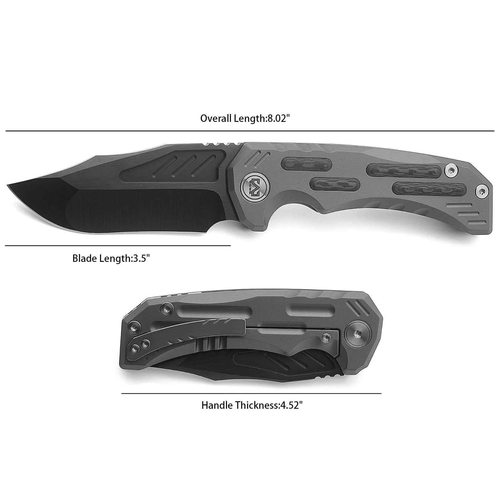 Miguron Knives M Nagain Folding Knife 3.5" M390 DLC Hand Hollow Ground Rubbed Satin Blade Dark Grey PVD Titanium Handle With Carbon Fiber Inlay Pocket Knife MGR-626BK