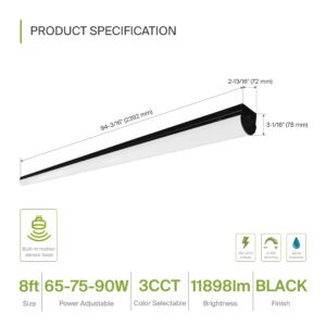 ASD Black 8ft LED Linear Strip Light Fixture with Q-Base | UL DLC 65W-90W 120-277V Linkable LED Shop Light | 3500K-5000K Adjustable Dimmable Office & Workshop Commercial Ceiling Light Fixture