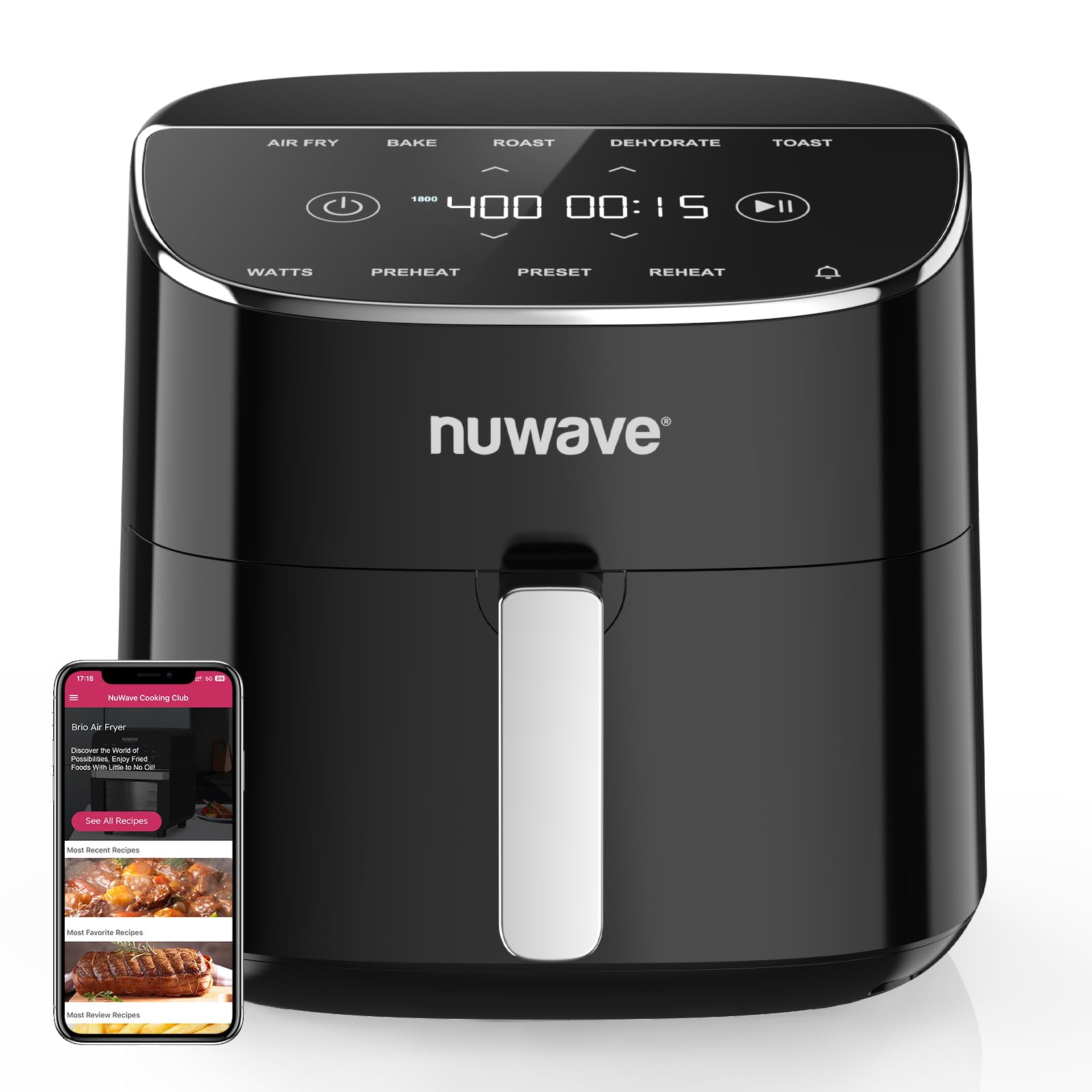 Nuwave Brio Plus Air Fryer 8 Qt, New & Improved, PFAS-FREE, 7 Digital One-Touch Cook Functions that AIR FRY, BAKE, ROAST, DEHYDRATE, TOAST, REHEAT, PREHEAT, 150 Presets, 50°F~400°F, 700/1500/1800W