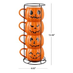 Way To Happiness 13-Ounce Halloween Orange Pumpkin Stoneware Stackable Mug Set with Iron Rack, Cute and Spooky Coffe Mugs