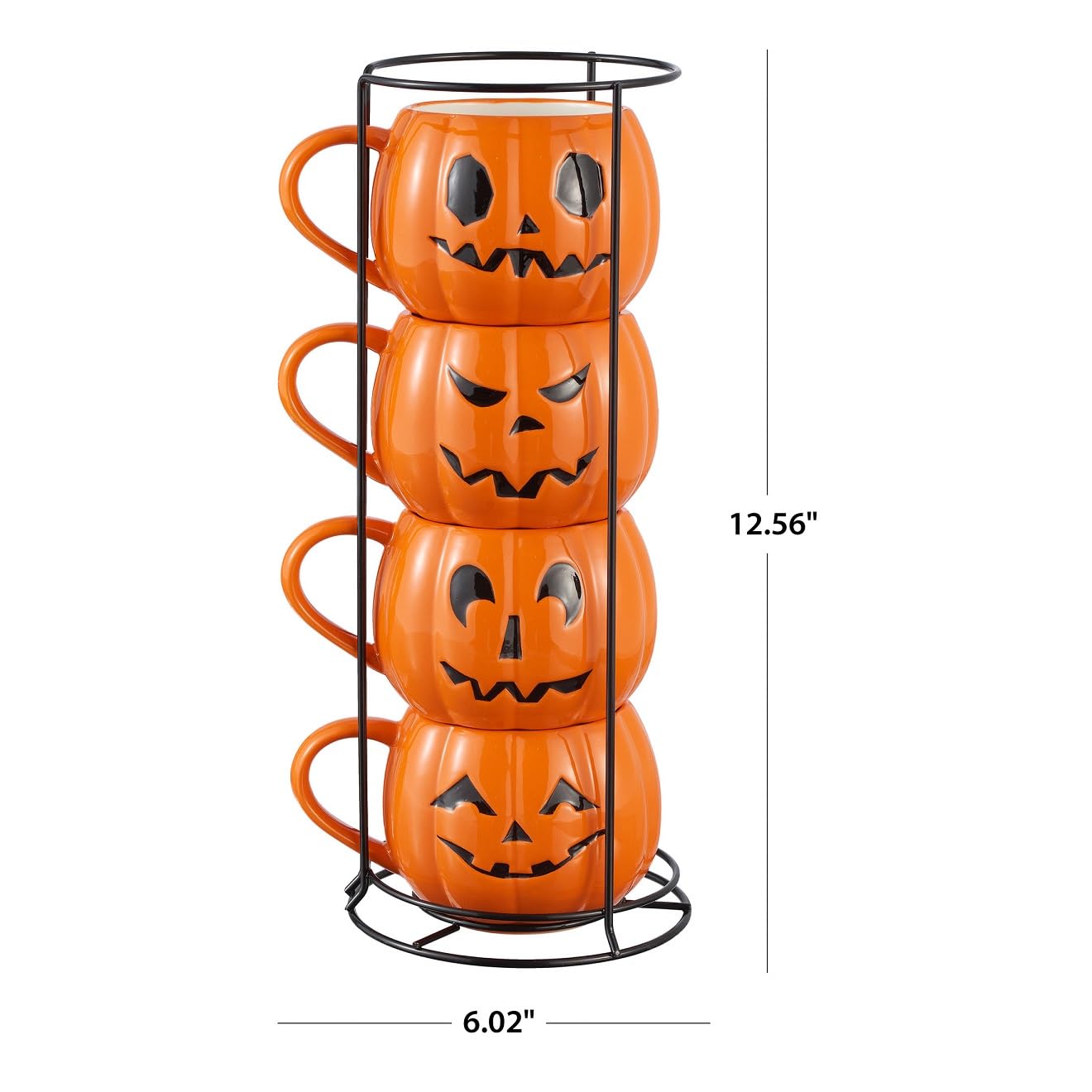 Way To Happiness 13-Ounce Halloween Orange Pumpkin Stoneware Stackable Mug Set with Iron Rack, Cute and Spooky Coffe Mugs