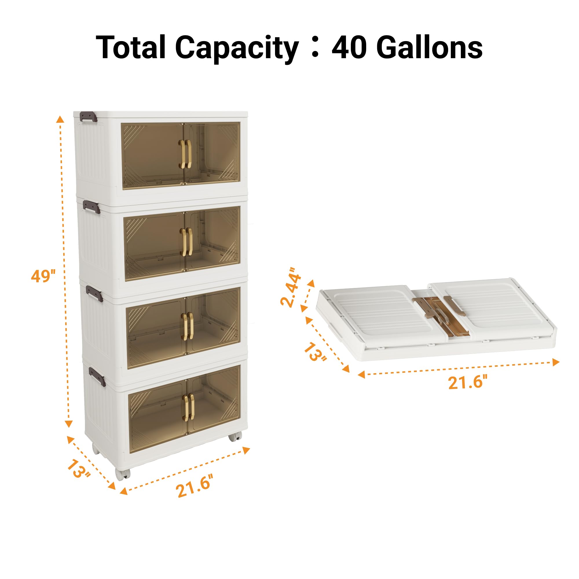 eShelf Storage Bins with Lids, 40QT Folding Storage Box, 4 Pack Collapsible Storage Bins with Wheels and Doors, White Closet Organizers and Storage, Storage Containers for Home, Closet