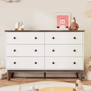 jozzby 6 drawer dresser for bedroom, white wood double dresser with metal handles, modern mid-century chest organizer storage drawer for office, hallway, living room