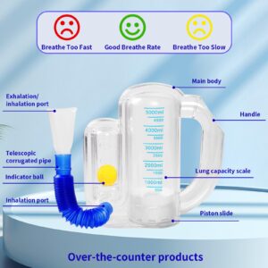 Incentive Spirometer (BLUE-001),Deep Breathing Trainer for Adults,Breathing Exercise Device for Lungs,5000ml Capacity Measurement with Flow Indicator