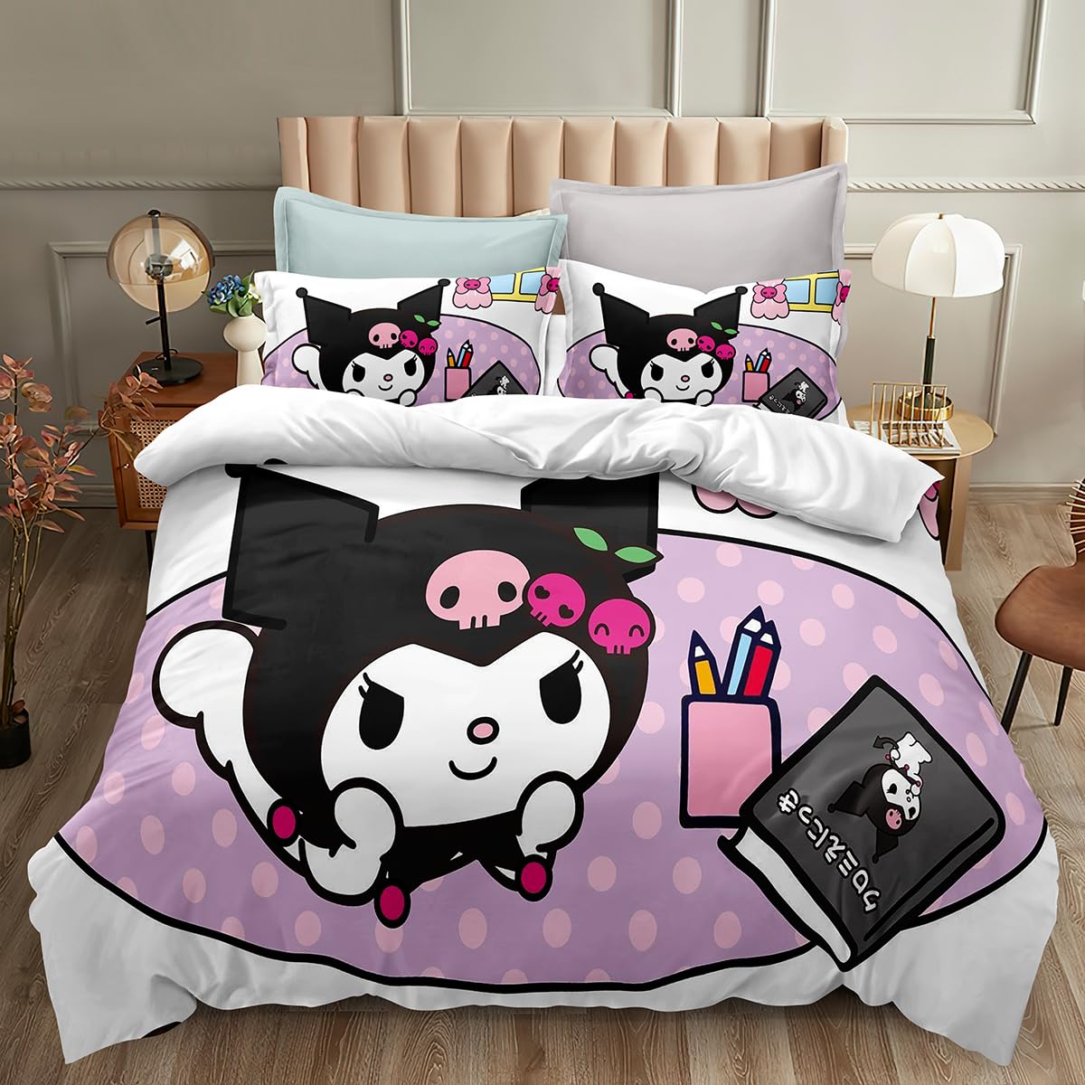 3D Lovely Cartoon Kuromi Cartoon Printed Bedding Set 3 Piece Ultra Soft and Ventilate100% Polyester Duvet Cover Set Includes 1 Duvet Cover and 2 Pillowcases,Gift for Boys Girls and Adults