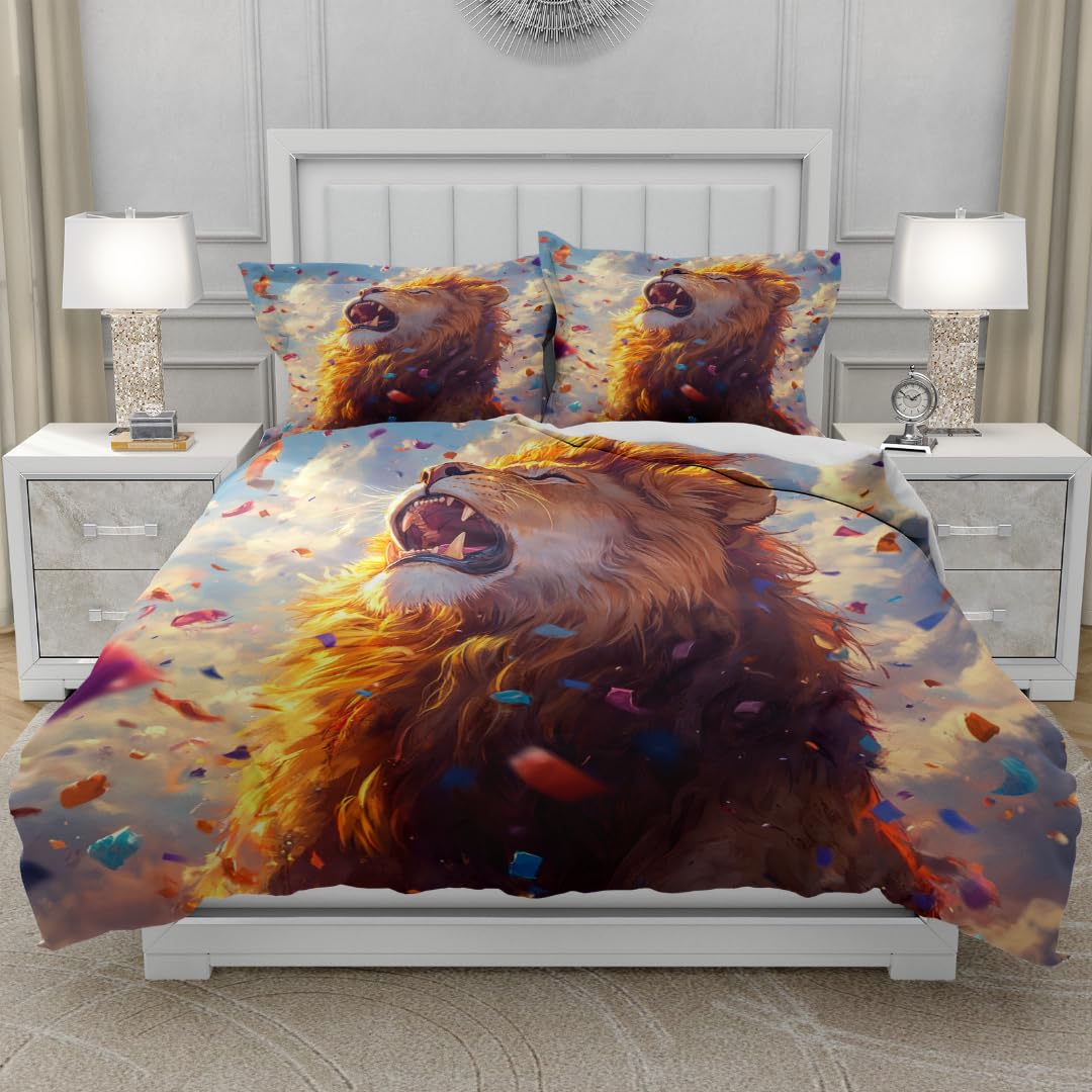 ZAJIO 3D Printed Lion Bedding Twin Duvet Cover Set Roaring Lion Comforter Cover Wild Animal Bedspread Cover 1 Quilt Cover with 2 Pillow Cases(No Comforter)