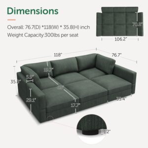 HONBAY Modular Sectional Sofa with Storage Corduroy Sectional Sleeper Sofa Modular Sectional Couches for Living Room,Green