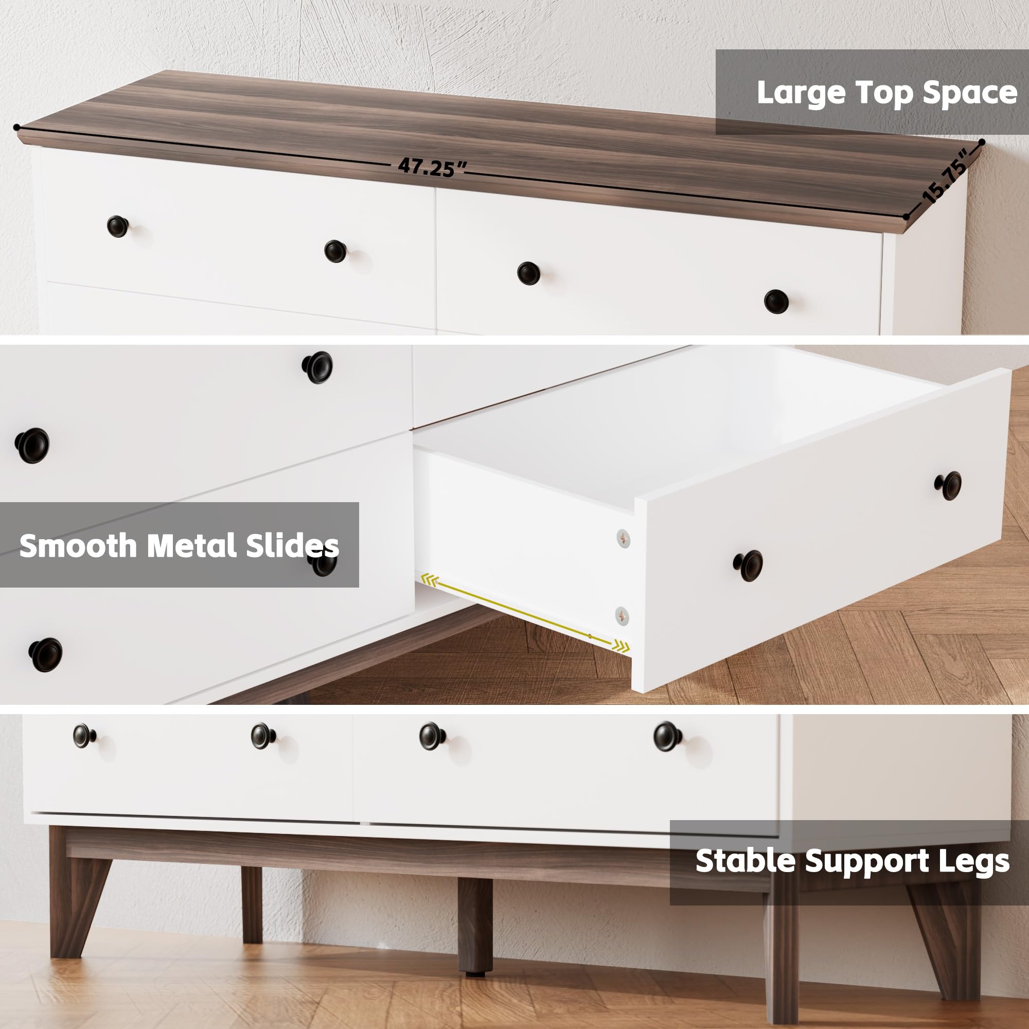 JOZZBY 6 Drawer Dresser for Bedroom, White Wood Double Dresser with Metal Handles, Modern Mid-Century Chest Organizer Storage Drawer for Office, Hallway, Living Room