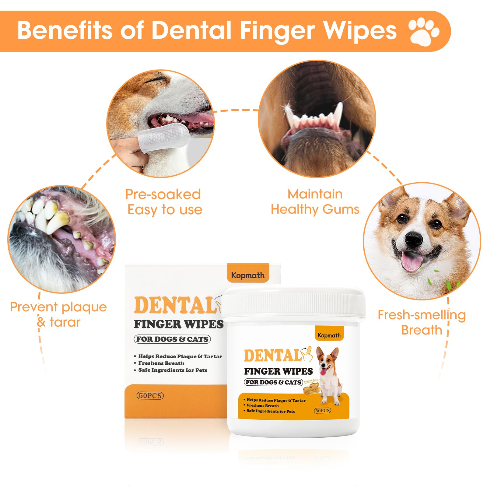 Kopmath Dental Care Finger Wipes for Dogs & Cats, Reduces Plaque & Tartar Freshens Breath, Pre-Soaked Pet Teeth Wipes, Easy to Use Disposable Oral Cleaning Pads, Peanut Flavor