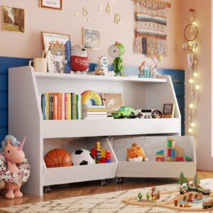 cozpaw toy storage organizer with movable drawers, toys organizer and storage for kids, toddlers toy storage cabinet, kids bookshelf for playroom nursery bedroom living room, 2 tier white