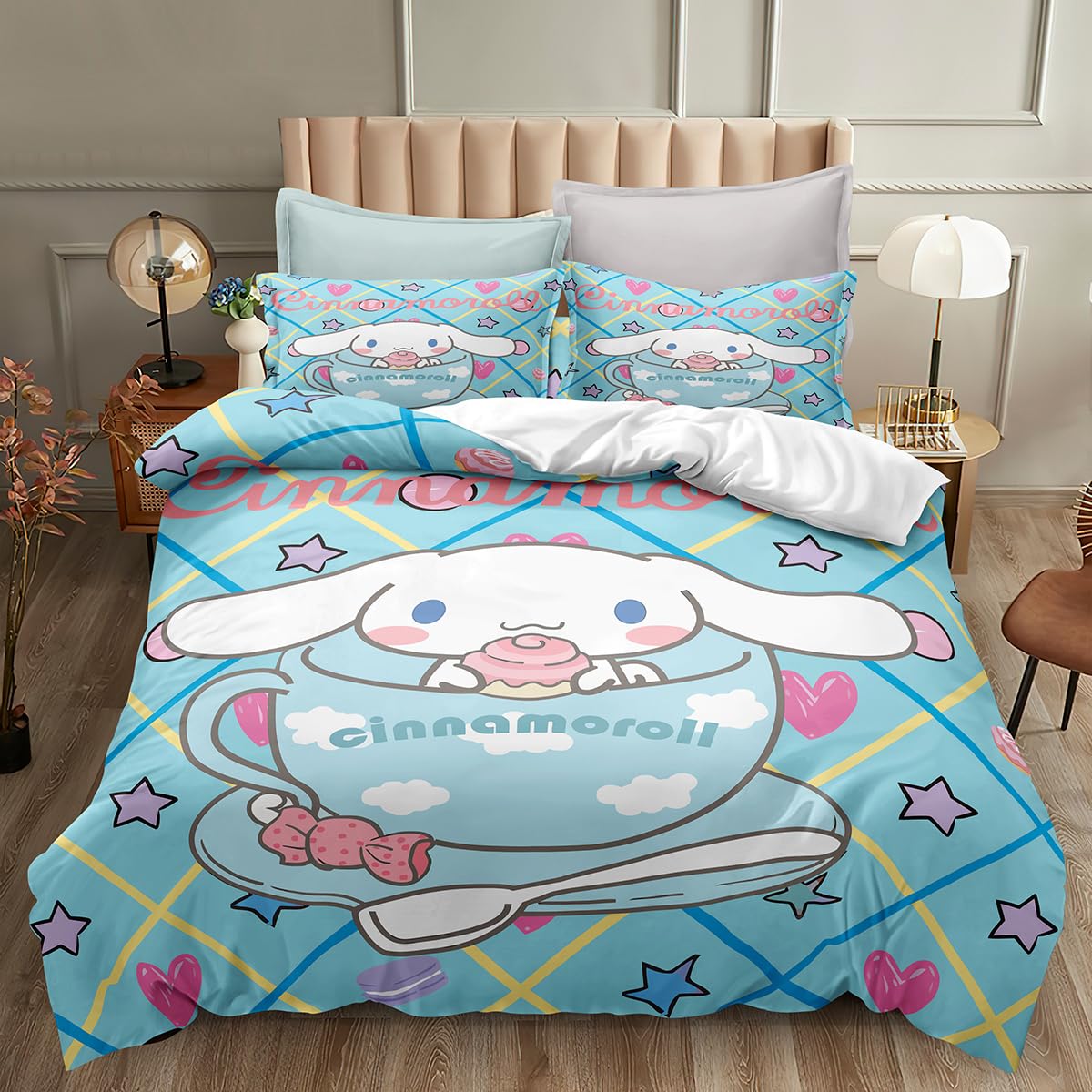 WINDSVMH The Cinnamoroll Anime Bedding Set,3 Piece Cartoon 3D Cartoon Cute Printed Soft Microfiber Comforter Set with Zipper Closer,Gifts for Teenagers Adult,1 Duvet Cover with 2 Pillowcases