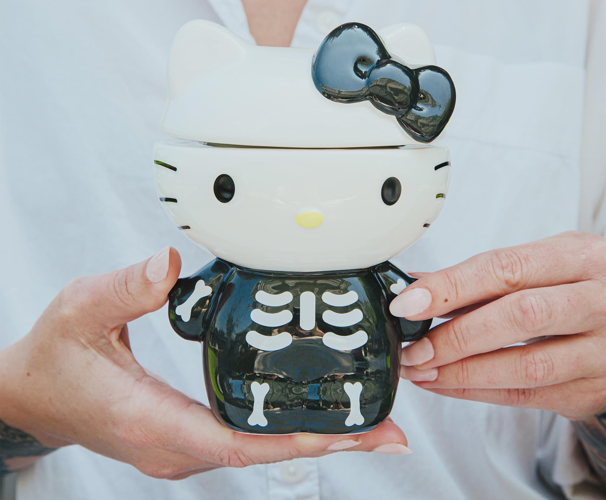 Sanrio Hello Kitty Skeleton Small Ceramic Snack Jar Container With Lid | Storage For Kick-Knacks | 6 Inches Tall