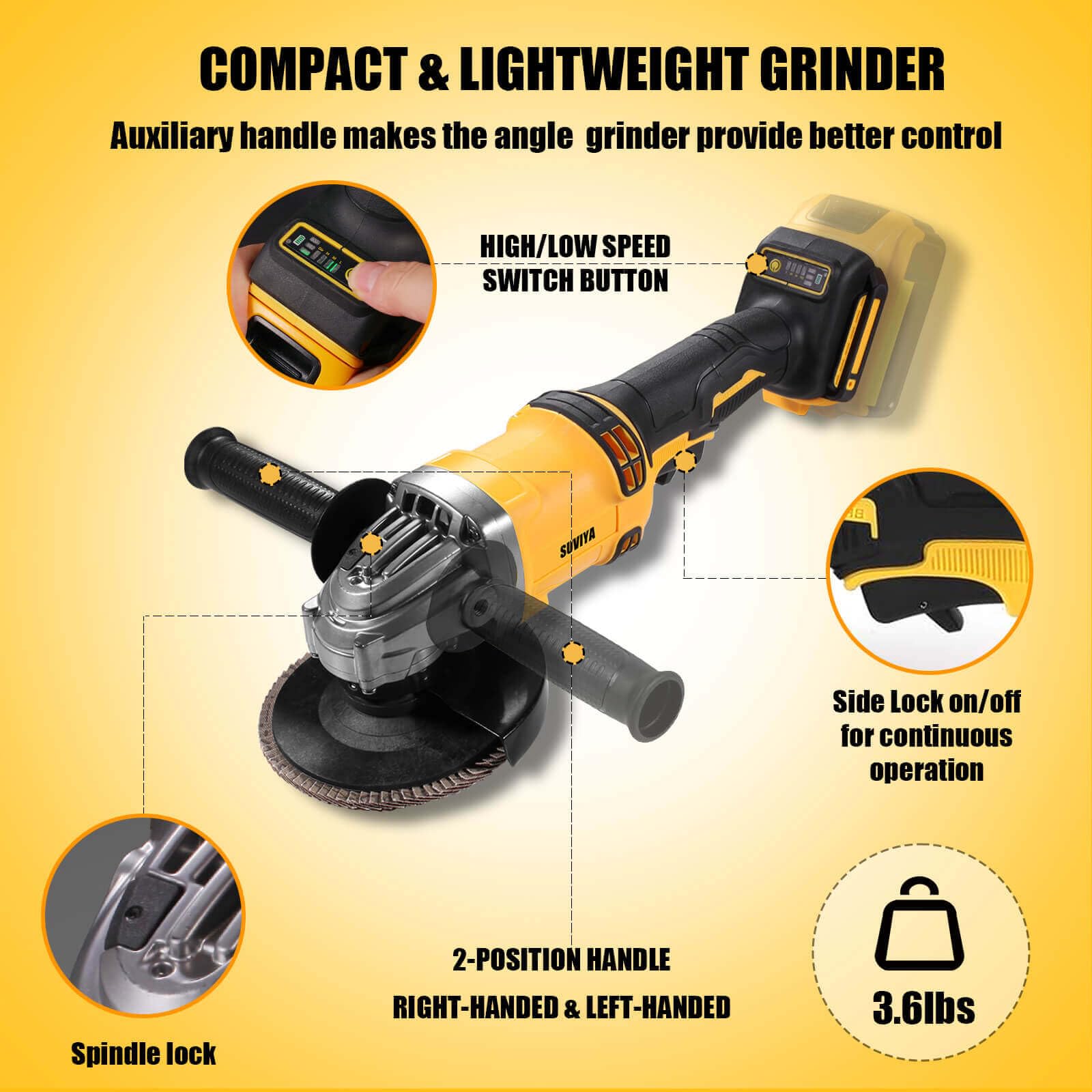 Cordless Angle Grinder Compatible with DEWALT 20V MAX Battery4-1/2" Blades Brushless Grinder,3 Variable Speed Up to 10000 RPM Battery Powered Angle Grinde,For Cutting, Griding, Polishing (No Battery)