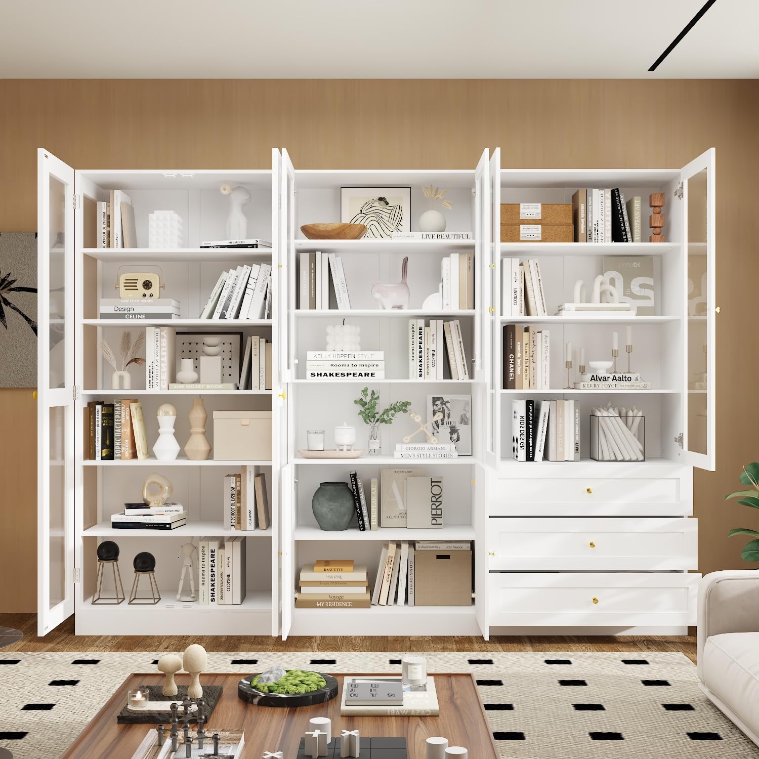 Homsee Tall Bookcase Bookshelf with Glass Doors & Countertop, Wooden Storage Cabinet with 3 Drawers, Display Cabinet for Living Room, Home Office, White (94.5”L x 15.7”W x 70.9”H)