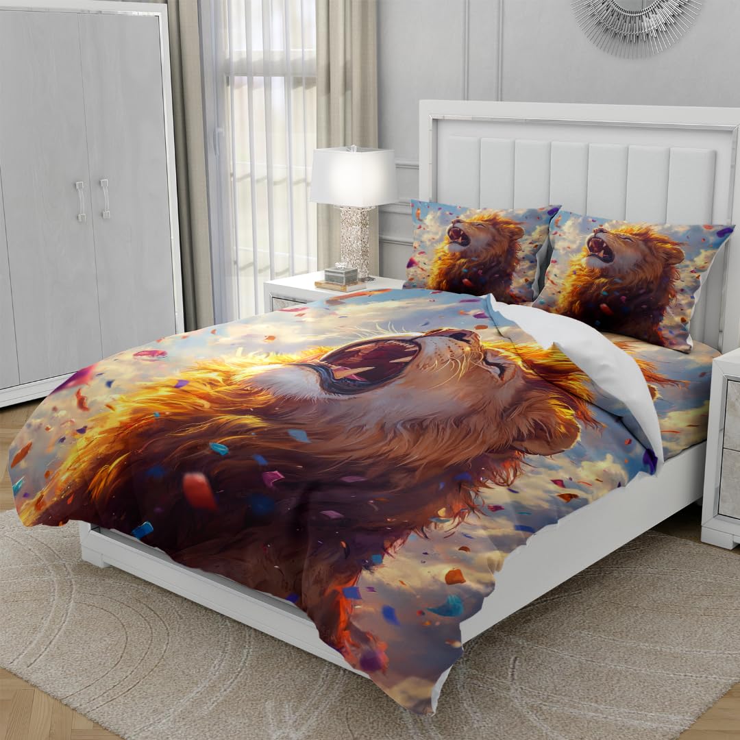 ZAJIO 3D Printed Lion Bedding Twin Duvet Cover Set Roaring Lion Comforter Cover Wild Animal Bedspread Cover 1 Quilt Cover with 2 Pillow Cases(No Comforter)