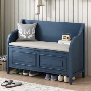 Merax Storage Bench, 41.9” Solid Wood Storage Chest with Backrest and Safety Hinge, Large Storage Space Bench with Upholstered Cushions,Supports 250 lb and Easy Assembly for Small Space, Antique Navy