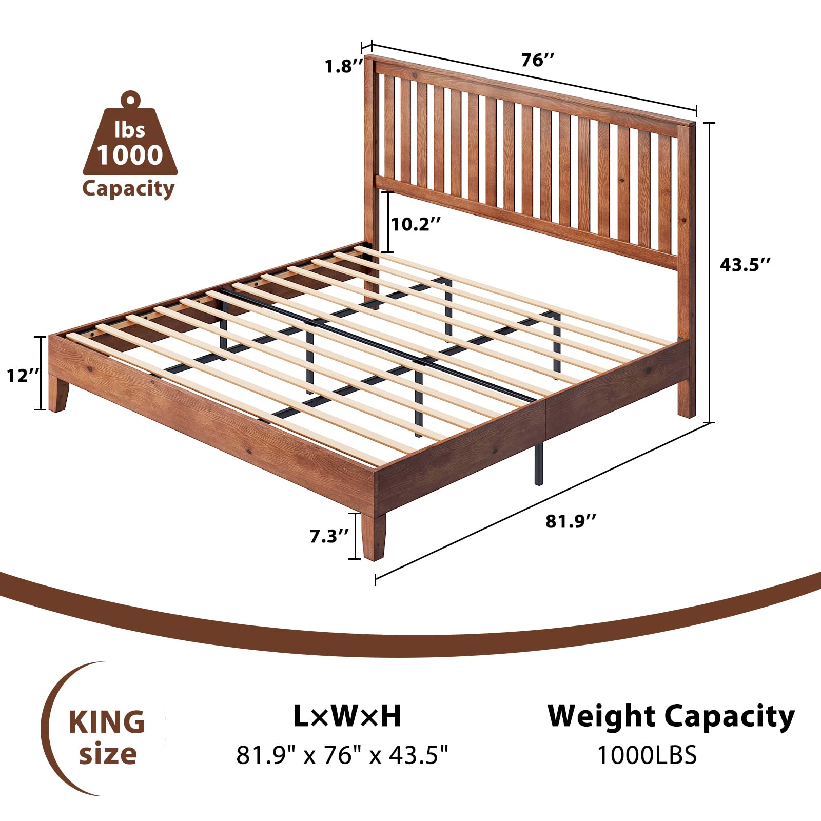 LUXOAK King Size Solid Wood Platform Bed Frame with Headboard, Mid Century Wood Bed with Solid Wood Foundation, Slat Support/No Box Spring Needed/Easy Assembly, Walnut