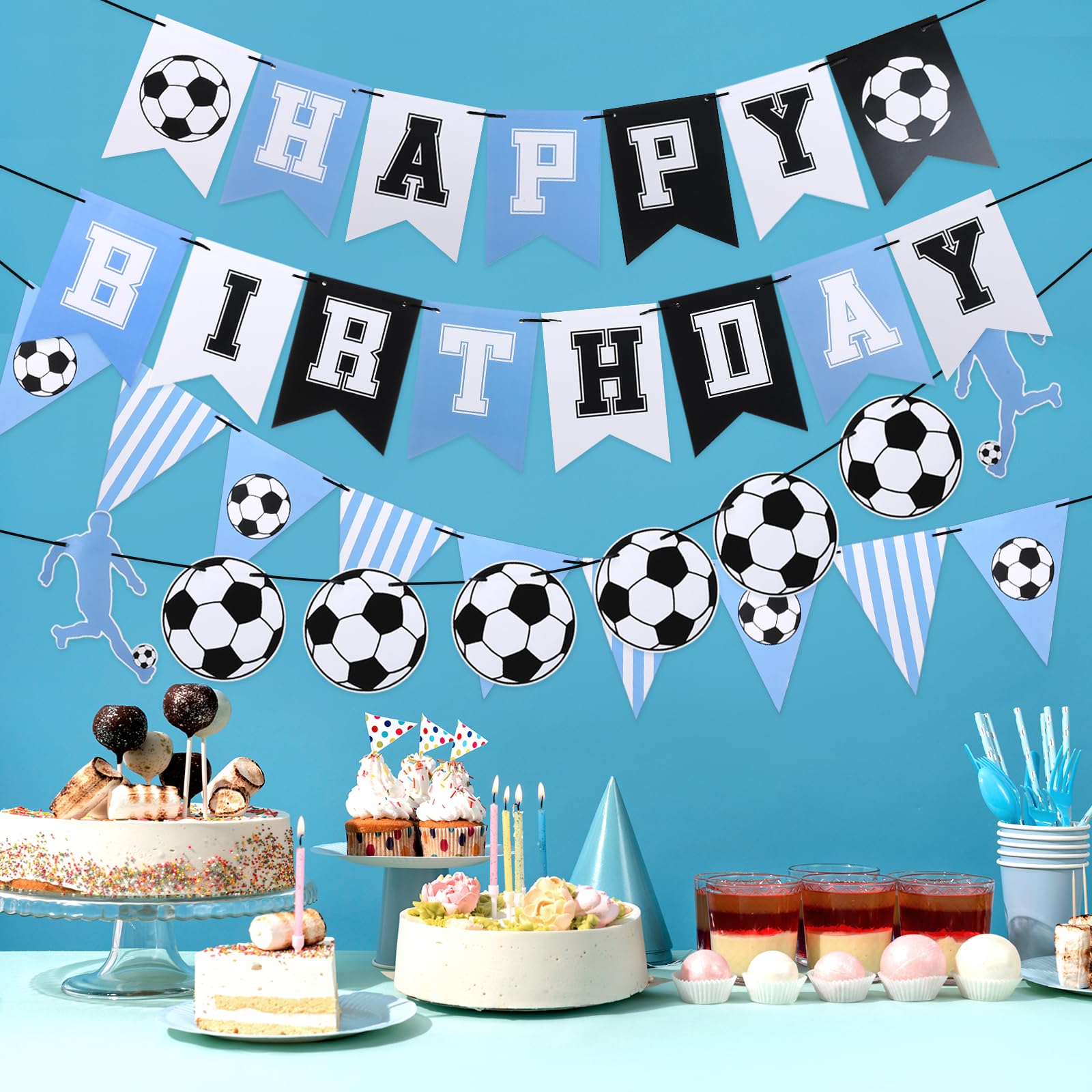 Soccer Birthday Party Decorations for Boys Men, Blue Soccer Happy Birthday Banner Sport Football Birthday Backdrop Background Photo Props for Soccer Ball Theme Birthday Party Favors Decor Supplies