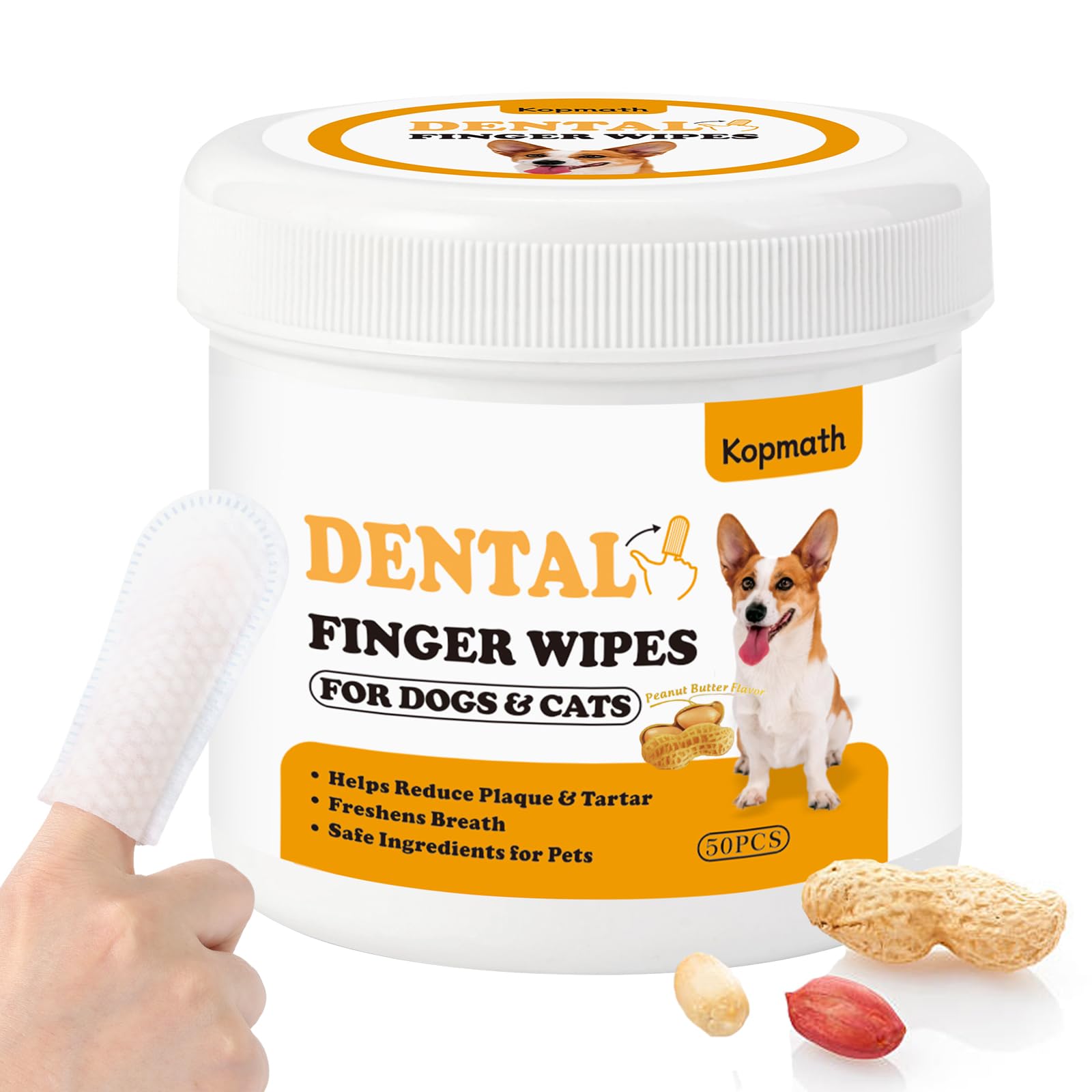 Kopmath Dental Care Finger Wipes for Dogs & Cats, Reduces Plaque & Tartar Freshens Breath, Pre-Soaked Pet Teeth Wipes, Easy to Use Disposable Oral Cleaning Pads, Peanut Flavor