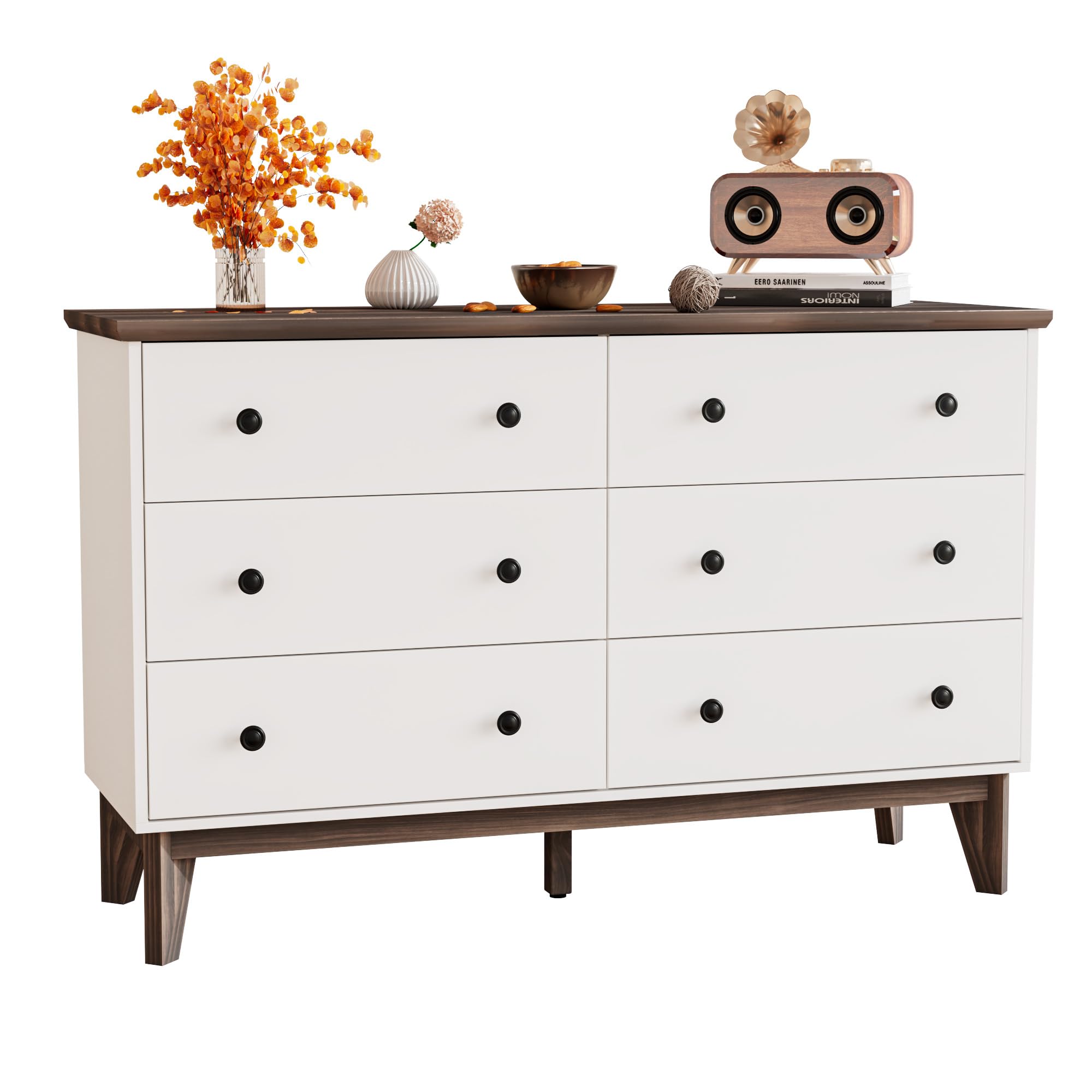 JOZZBY 6 Drawer Dresser for Bedroom, White Wood Double Dresser with Metal Handles, Modern Mid-Century Chest Organizer Storage Drawer for Office, Hallway, Living Room