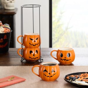 Way To Happiness 13-Ounce Halloween Orange Pumpkin Stoneware Stackable Mug Set with Iron Rack, Cute and Spooky Coffe Mugs