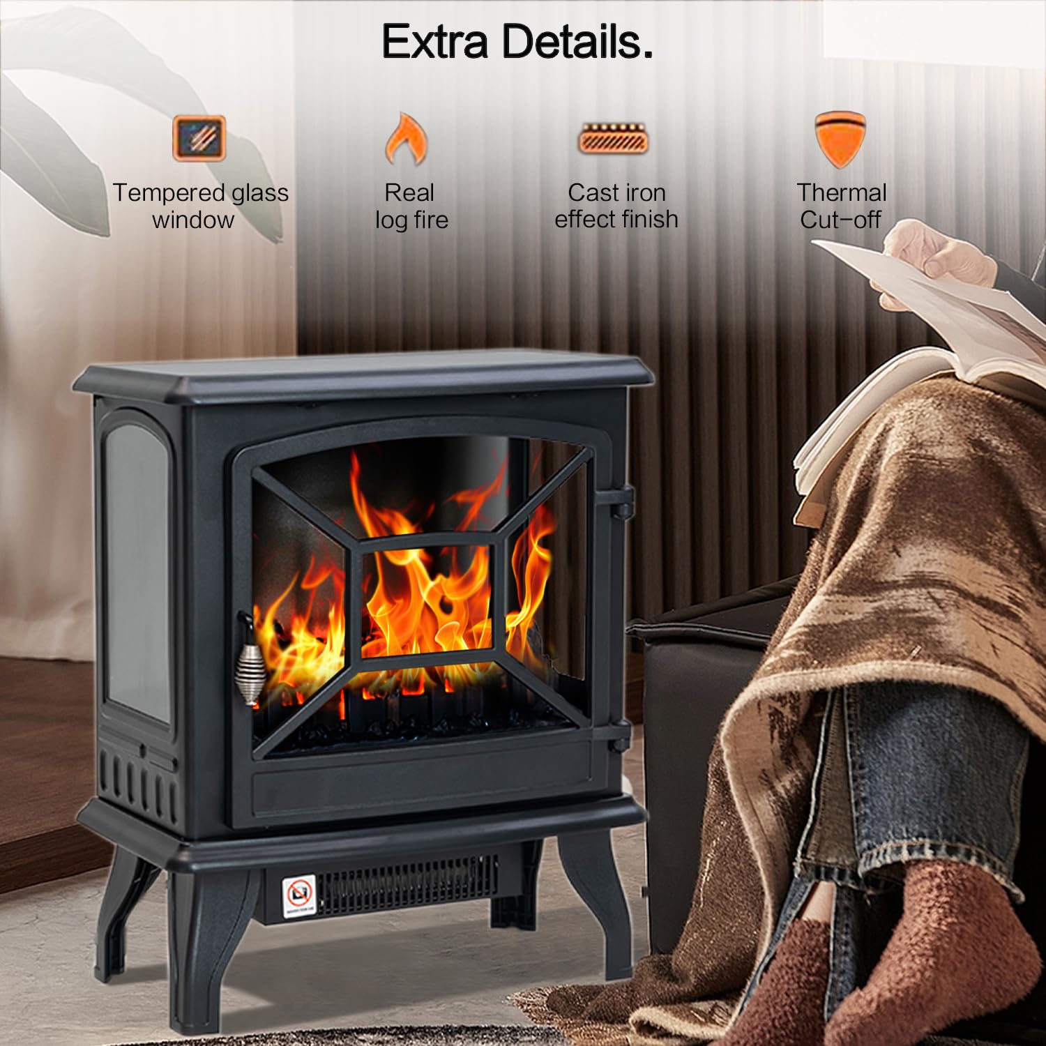 Panana Electric Fireplace Heater Portable Stove Heater Freestanding Fireplace, 5300 BTU, Realistic Flame Effect