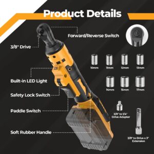 3/8" Cordless Ratchet Wrench Compatible with Dewalt 20V Battery(No Battery) Power Ratchet Wrench Tool Kit,7CS Sockets,Extension Bar,1/4" Adaptor,Variable Speed Trigger