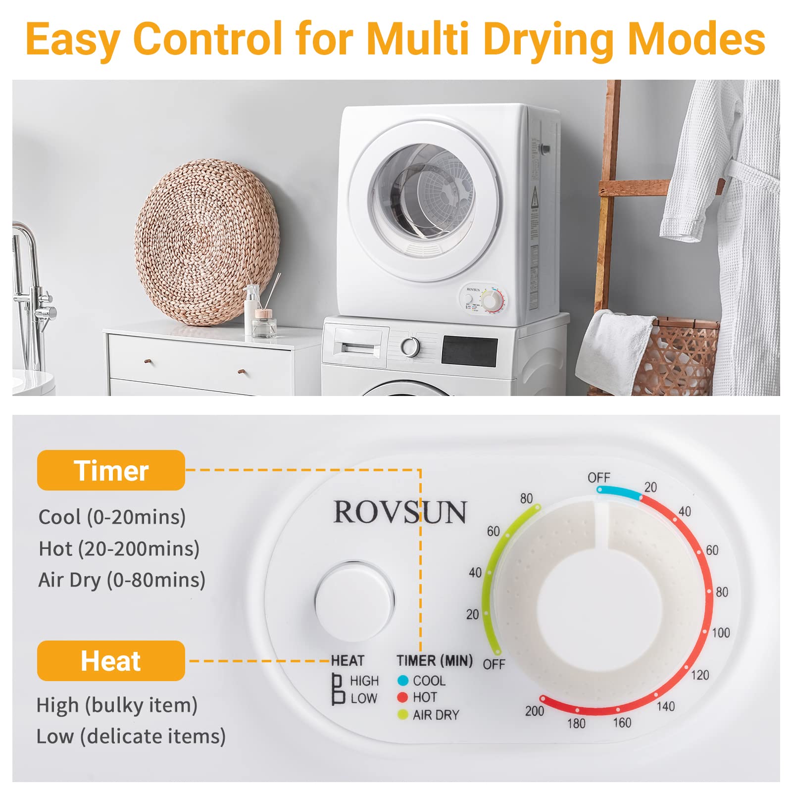 Bonnlo Portable Clothes Dryer, Front Load Electric Dryers Machine, Compact Laundry Dryers with Stainless Steel Tub, for Home, Apartment, Dorm, White (Classic Knob Control)