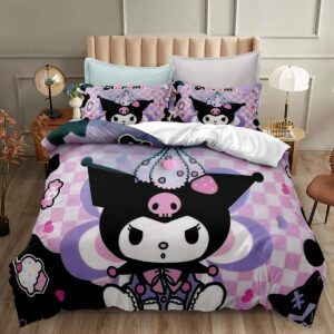 bcfzgvab 3 piece lovely cartoon kuromi anime bedding set comforter set cute duvet cover sets super soft girls boys bedding set bedroom gifts,add color to the bedroom,1 duvet cover with 2 pillowcases