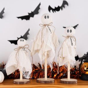 arosche halloween decorations indoor halloween ghost table decorations 3pcs on wooden stand spooky boo cute vintage halloween table decor centerpieces for desk fireplace mantle shelves party