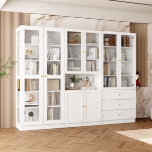 homsee tall bookcase bookshelf with glass doors & countertop, wooden storage cabinet with 3 drawers, display cabinet for living room, home office, white (94.5”l x 15.7”w x 70.9”h)