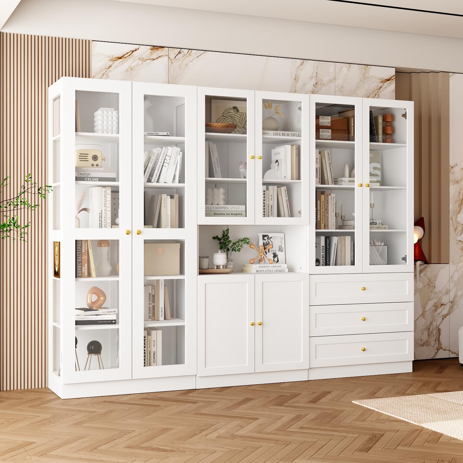 Homsee Tall Bookcase Bookshelf with Glass Doors & Countertop, Wooden Storage Cabinet with 3 Drawers, Display Cabinet for Living Room, Home Office, White (94.5”L x 15.7”W x 70.9”H)