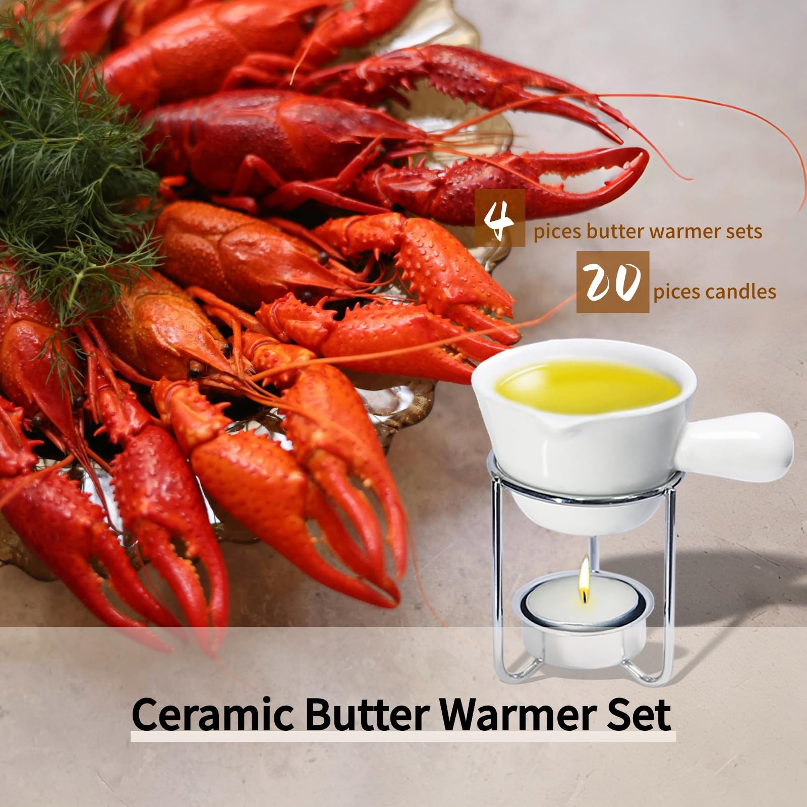 Reasmi Butter Warmer for Seafood Set of 4,Lobster Butter Warmer Crab Butter Warmer Set with 20 Pcs Tealight Candles,Ceramic Drawn Butter Melter for Chocolate Cheese,Fondue Seafood Boil Party supplie