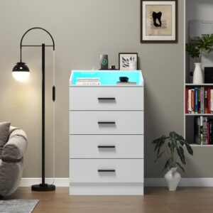 4 Drawer Dresser for bedroom with LED Light, Modern Dresser with Power Outlet, White Dressers with Open Storage Cubby, Chest of Drawers Storage Organizer for Bedroom, Hallway, Living Room(White)…