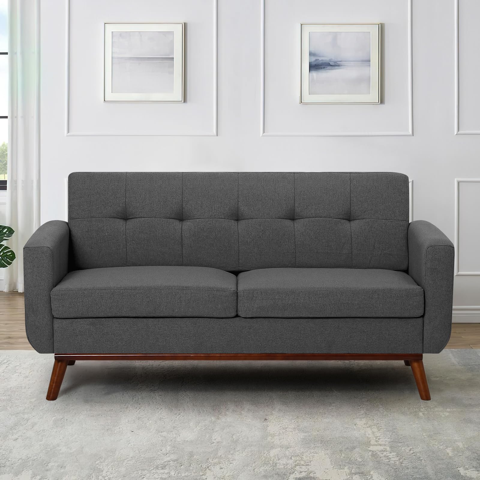 Nansiee 65" Linen Fabric Loveseat Sofa with Tufted Backrest, 2-Seat Mid Century Couch with Wooden Legs, Modern Small Sofa with Upholstered Cushions for Living Room, Bedroom, Small Spaces, Grey