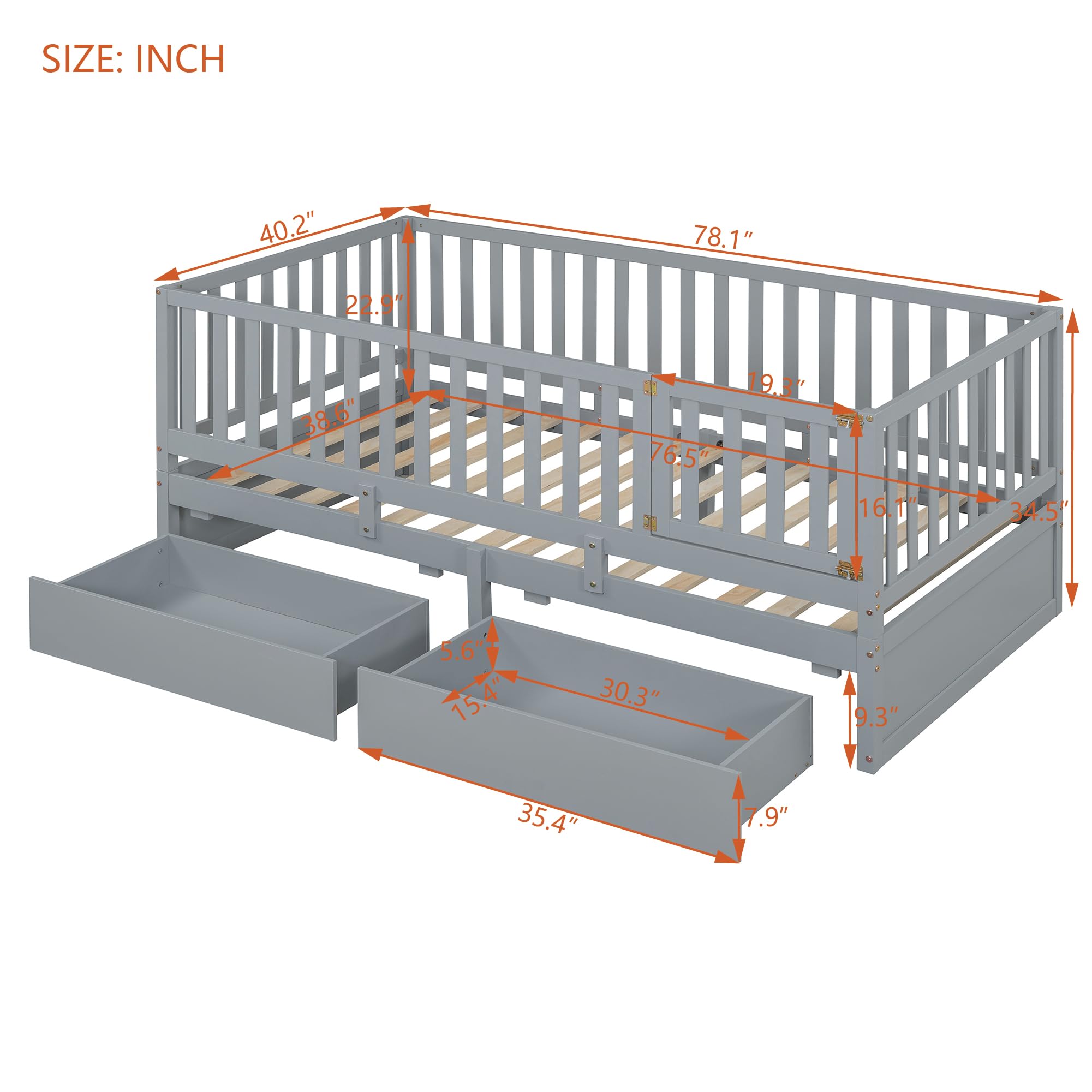 SOFTSEA Wood Daybed Twin Size with Fence Guardrail and Storage Drawers, Split Into Independent Floor Bed and Daybed for Boys Girls, Kids Platofrm Daybed Frame, Gray