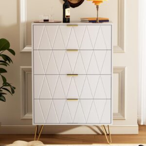 uev white 4 drawer dresser for bedroom, tall bedroom dresser with large drawer & golden handles, wooden modern storage cabinet chest of drawer for bedroom,closet,hallway (white)