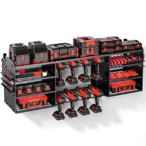 pokipo upgrade large power tool organizer wall mount,cordless tool storage rack with 8 drill holder,4 layer heavy duty metal loads 400lbs power tools battery utility shelve for garage and workbench