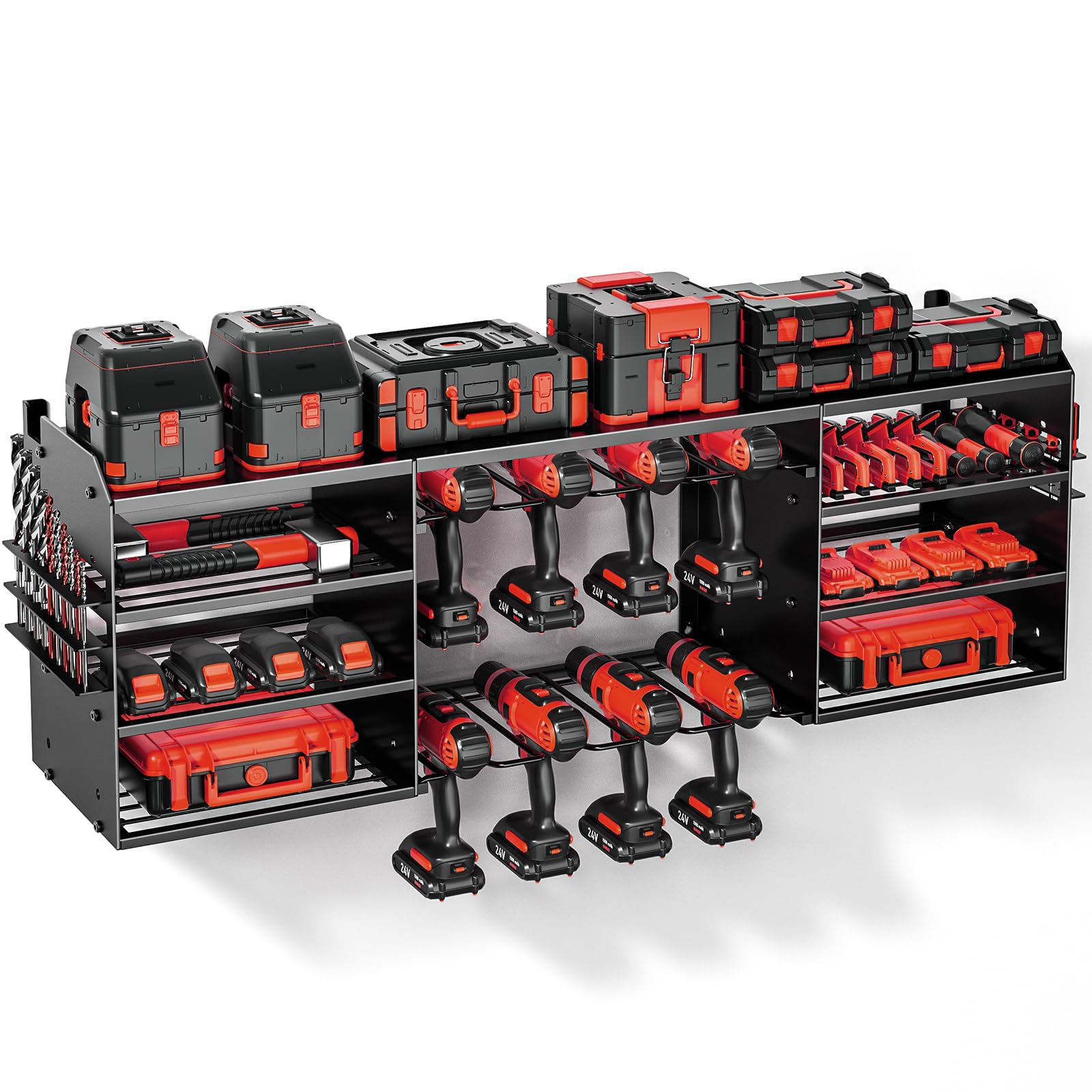 POKIPO Upgrade Large Power Tool Organizer Wall Mount,Cordless Tool Storage Rack with 8 Drill Holder,4 Layer Heavy Duty Metal Loads 400lbs Power Tools Battery Utility Shelve for Garage and Workbench