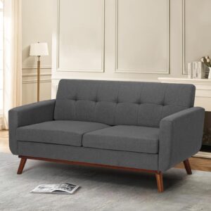 Nansiee 65" Linen Fabric Loveseat Sofa with Tufted Backrest, 2-Seat Mid Century Couch with Wooden Legs, Modern Small Sofa with Upholstered Cushions for Living Room, Bedroom, Small Spaces, Grey