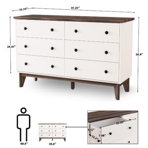 JOZZBY 6 Drawer Dresser for Bedroom, White Wood Double Dresser with Metal Handles, Modern Mid-Century Chest Organizer Storage Drawer for Office, Hallway, Living Room