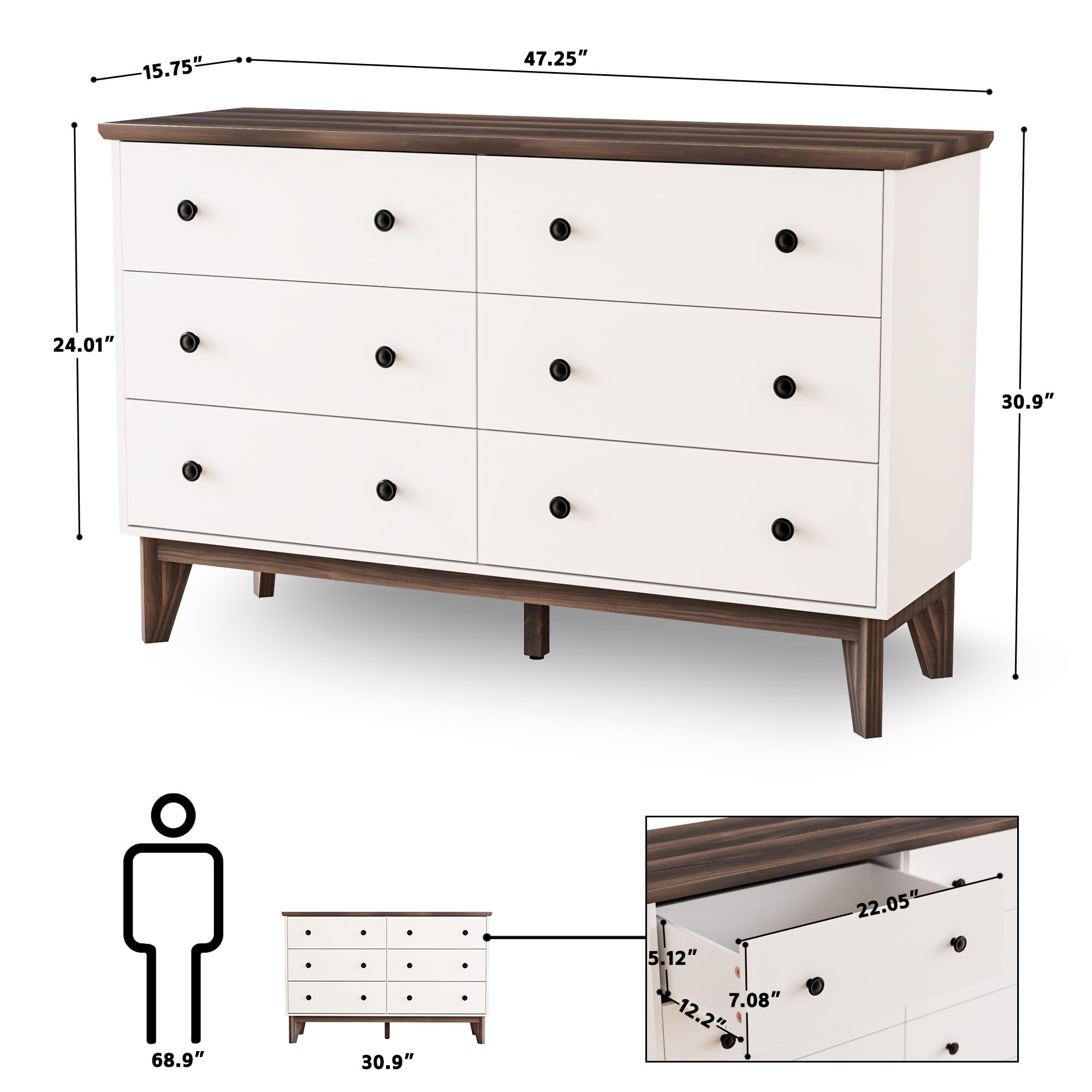 JOZZBY 6 Drawer Dresser for Bedroom, White Wood Double Dresser with Metal Handles, Modern Mid-Century Chest Organizer Storage Drawer for Office, Hallway, Living Room